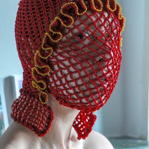 Red Lace Hood Crochet Balaclava Mask Full Face Covering Net Bead ...