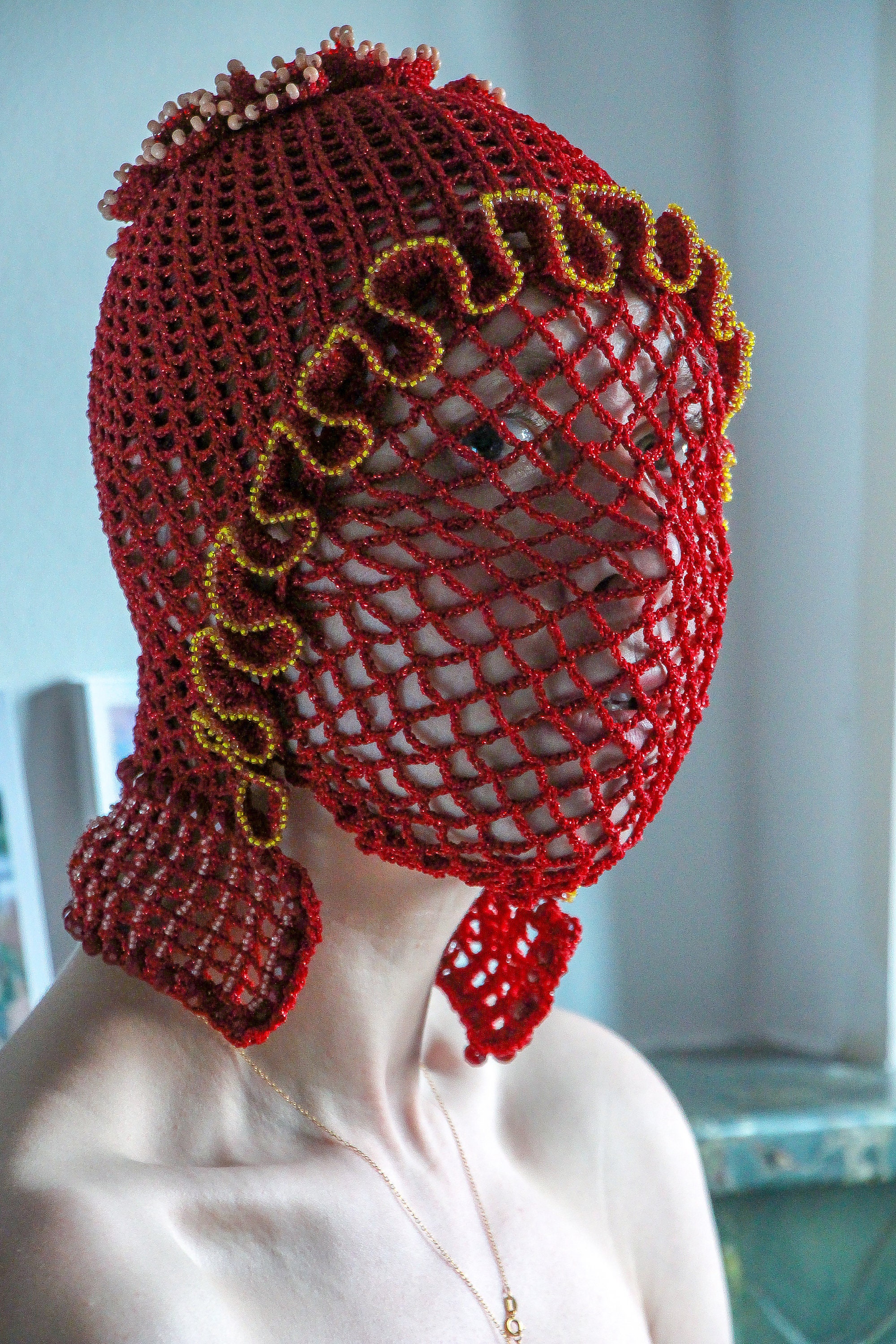 Red Lace Hood Crochet Balaclava Mask Full Face Covering Net - Etsy