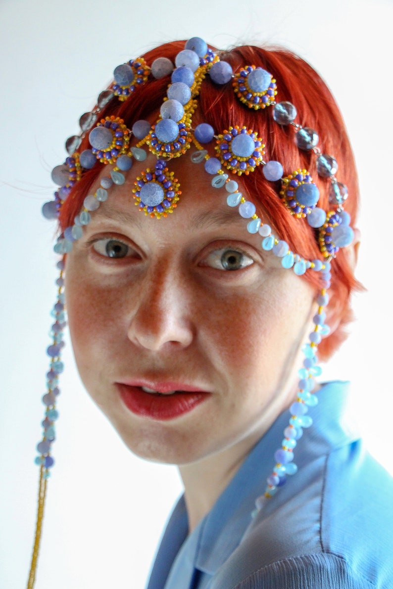 Blue Yellow Hair Jewelry Forehead Headpiece Made of Agate - Etsy