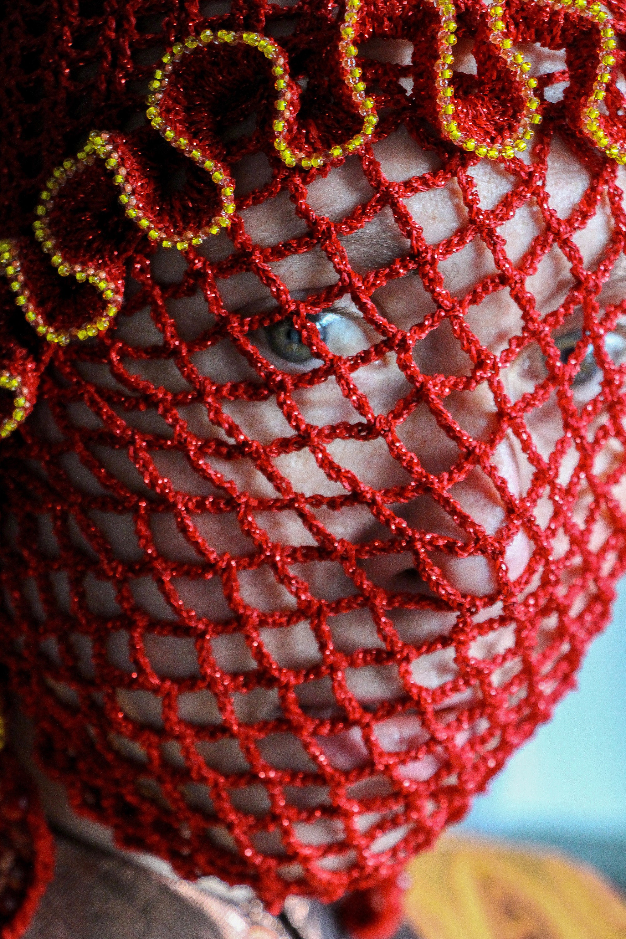 Red Lace Hood Crochet Balaclava Mask Full Face Covering Net Bead ...