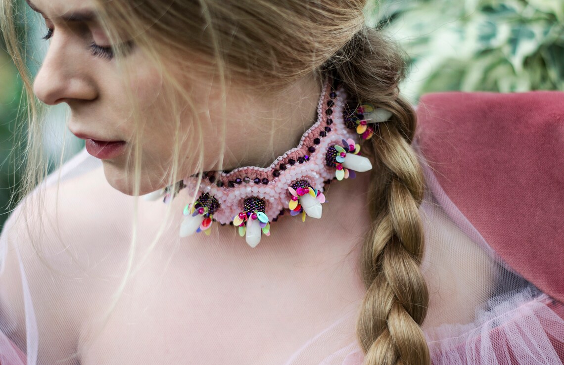 Big Spikes Jade Crystal Quartz Pink Beaded Choker Necklace - Etsy