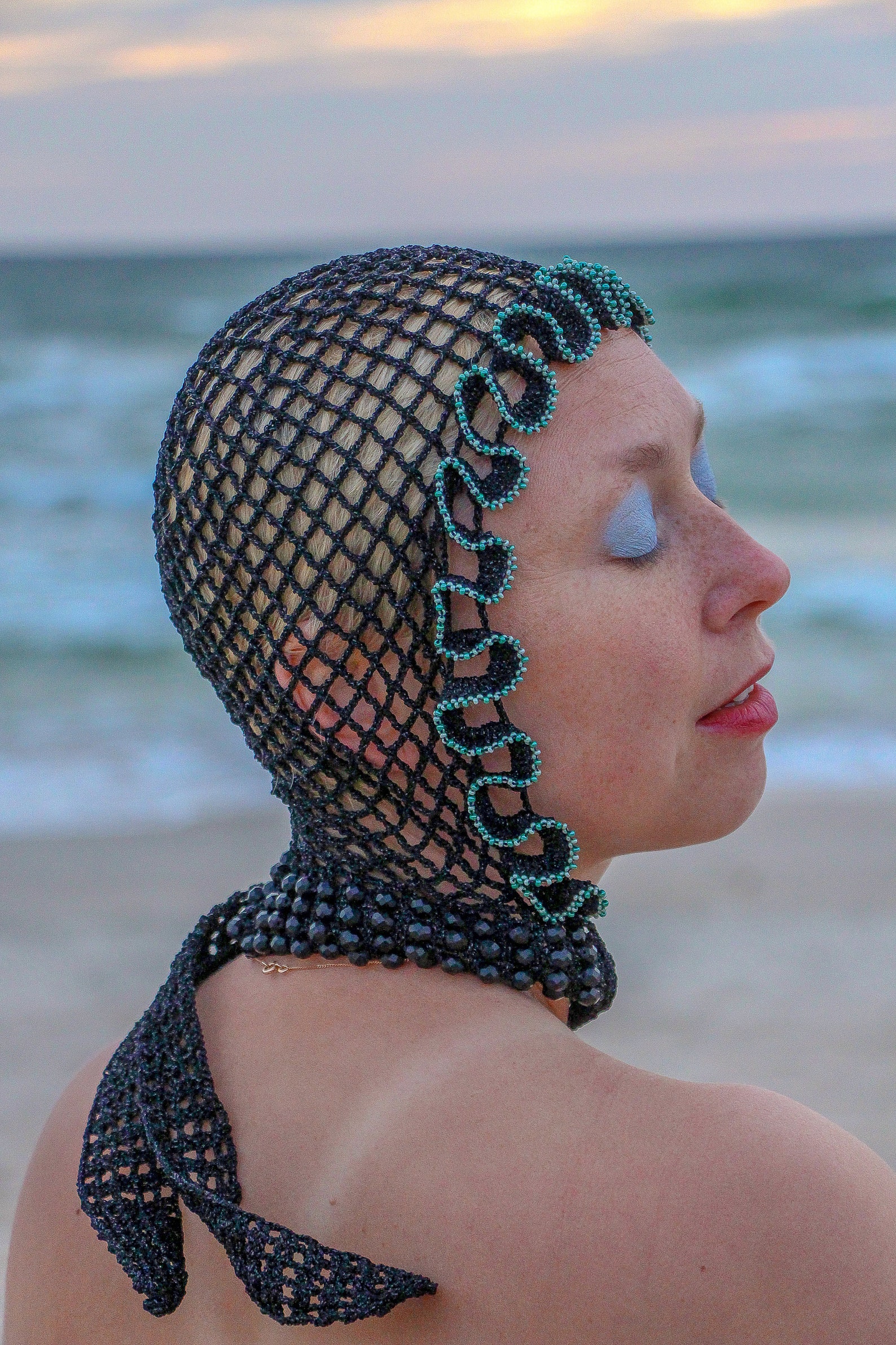 Black Summer Crochet Snood Hat for Summer With Face Covering Net ...