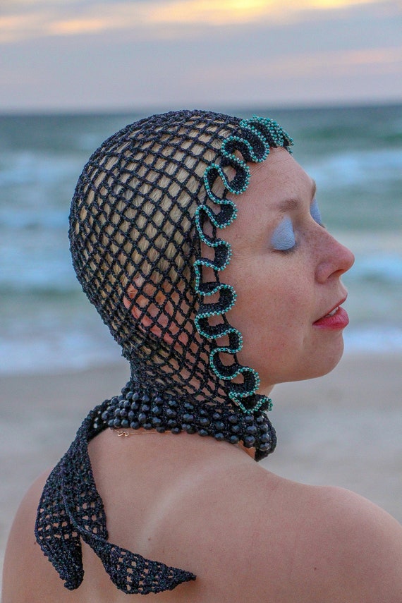 Black Summer Crochet Snood Hat for Summer With Face Covering | Etsy