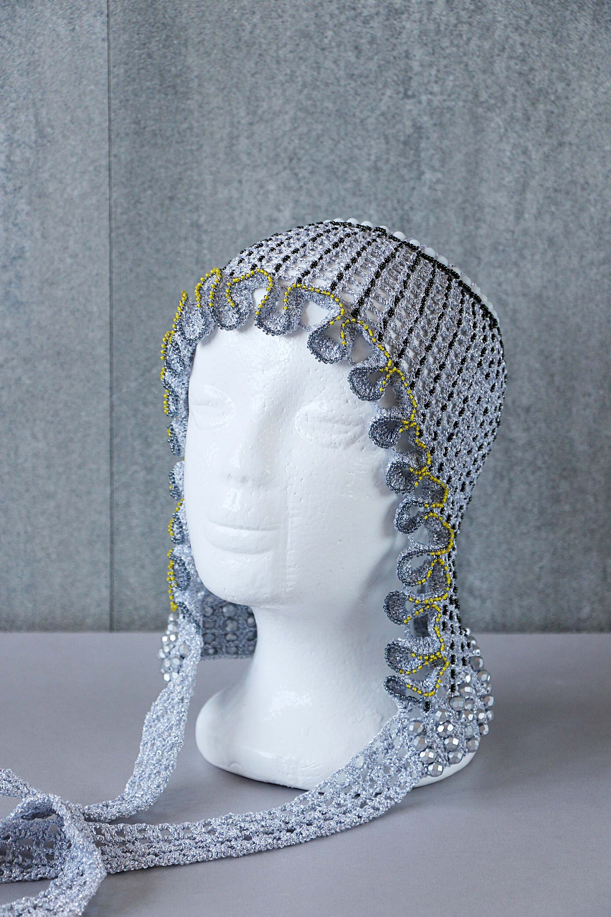 Women's Unique Crochet Hat Scarf Silver With Ruffle Forehead Decorated ...