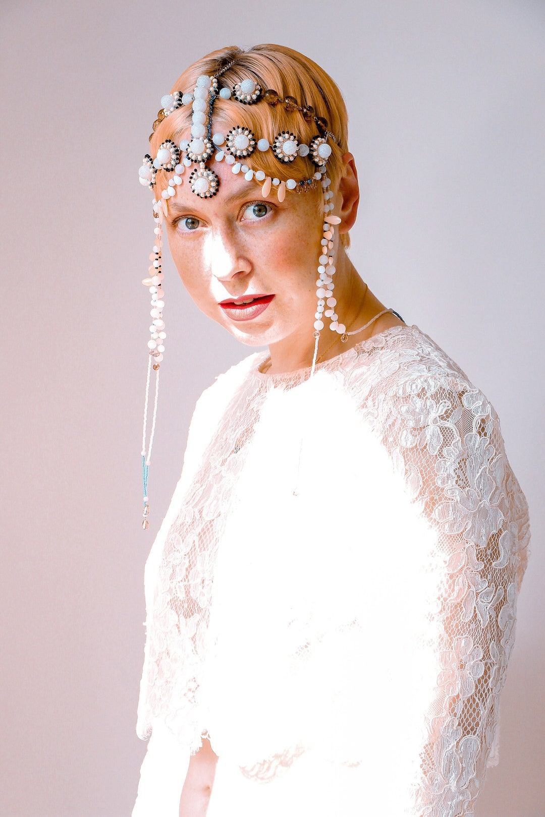 White Forehead Circlet Bridal Jewelry Headband Art Deco Wedding Flapper ...