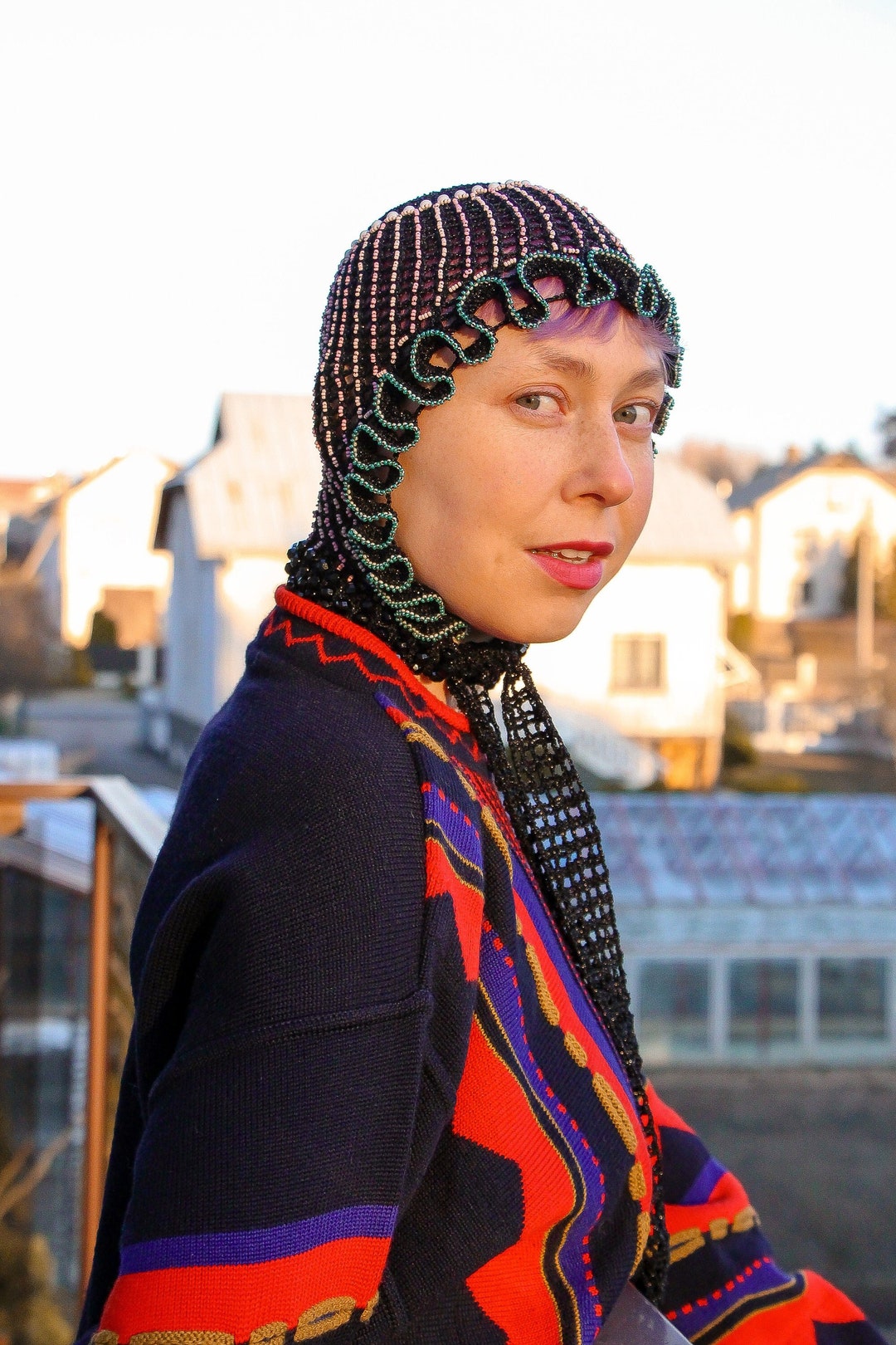 Crochet Balaclava Hat Hooded Scarf Beaded Headwear Ruffle Decorated by ...