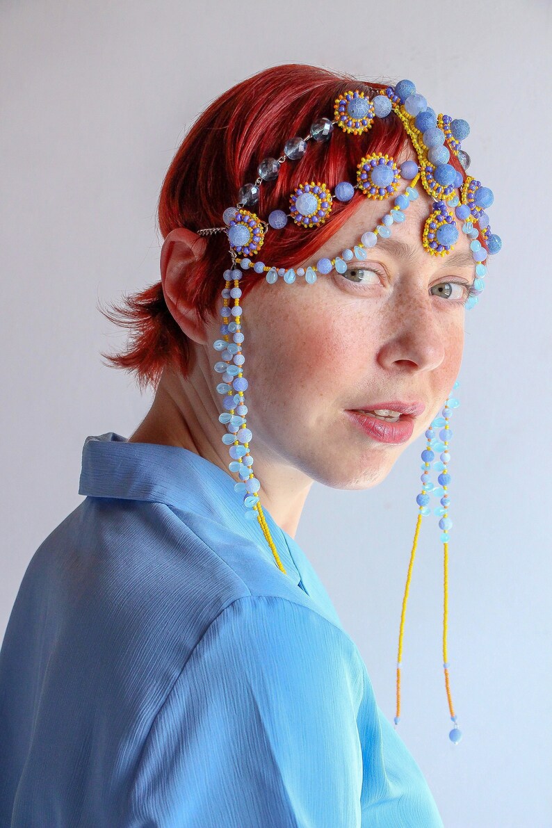 Blue Yellow Hair Jewelry Forehead Headpiece Made of Agate - Etsy