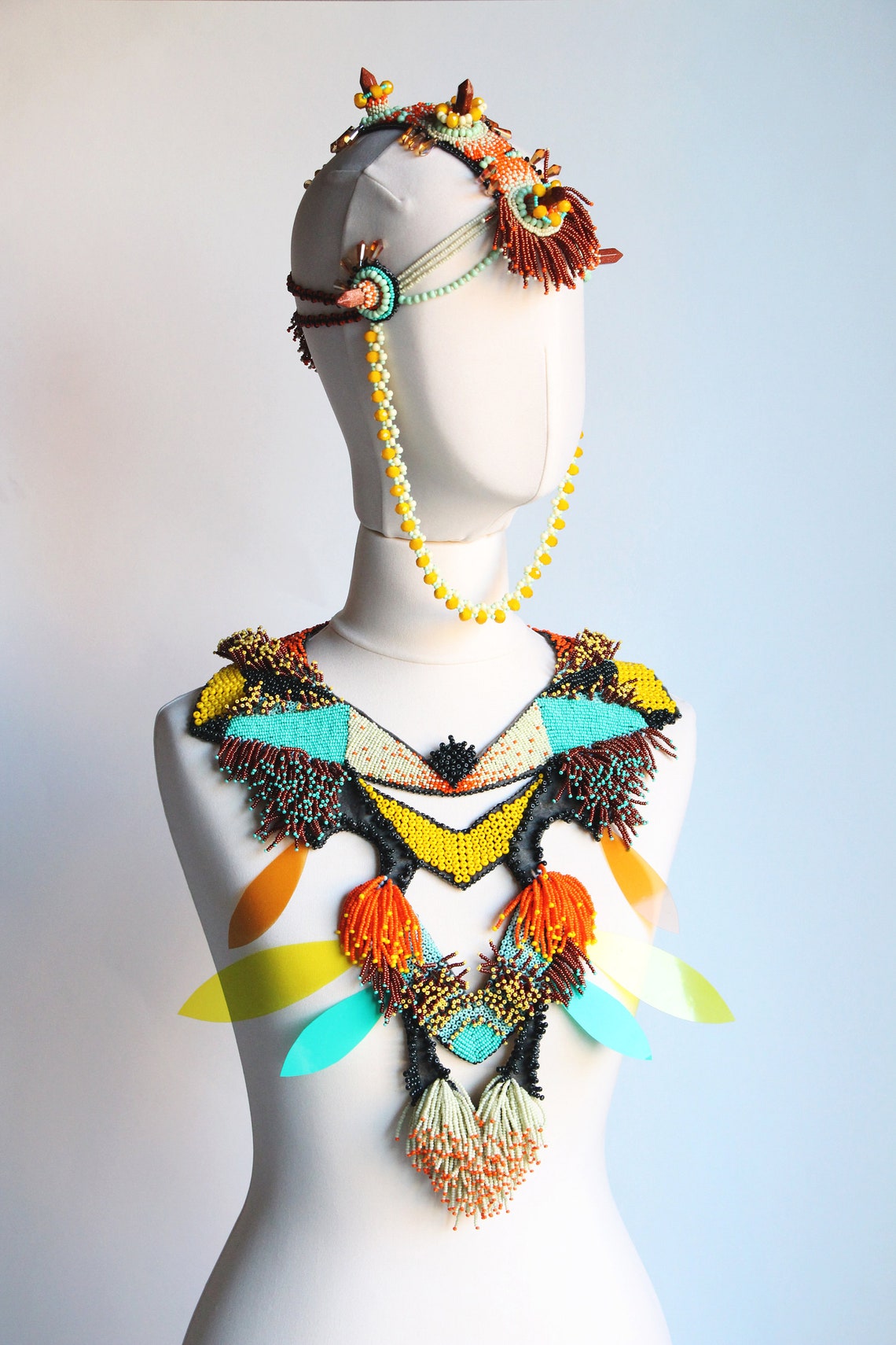 Beaded Body Jewelry Set of Feather Necklace and Hairpiece | Etsy