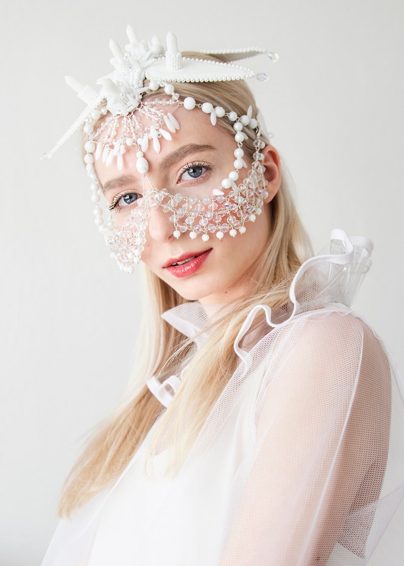 White Face Chain Beaded Headpiece Mask | Etsy