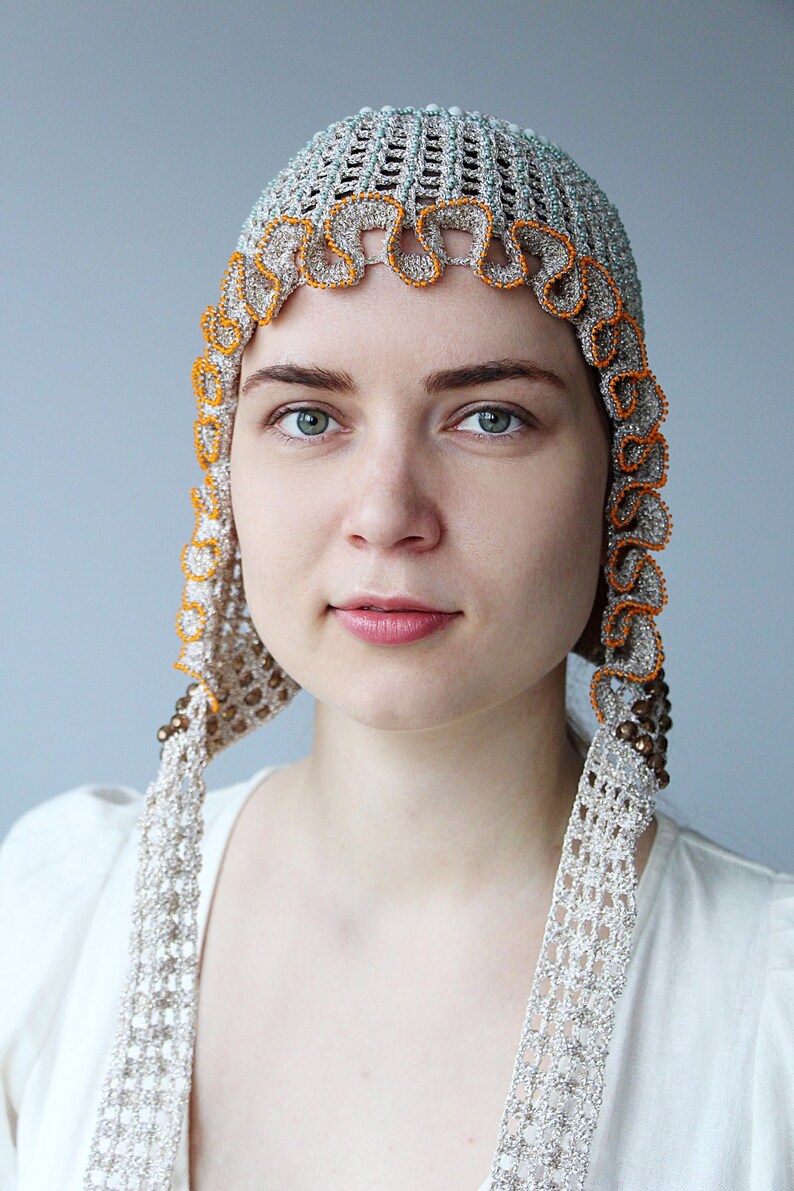 Crochet Head Covering Beaded Hat Scarf With Long Ribbon Ties - Etsy UK