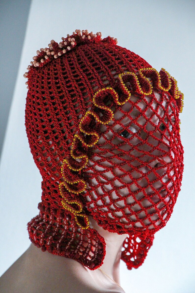 Red Lace Hood Crochet Balaclava Mask Full Face Covering Net Bead ...