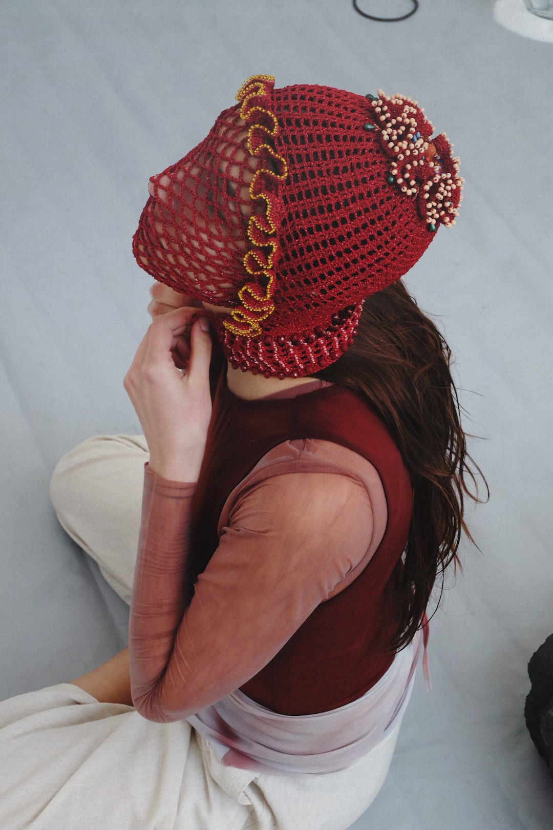 Red Lace Hood Full Face Balaclava Covering Crochet Mask, Costume Haute ...