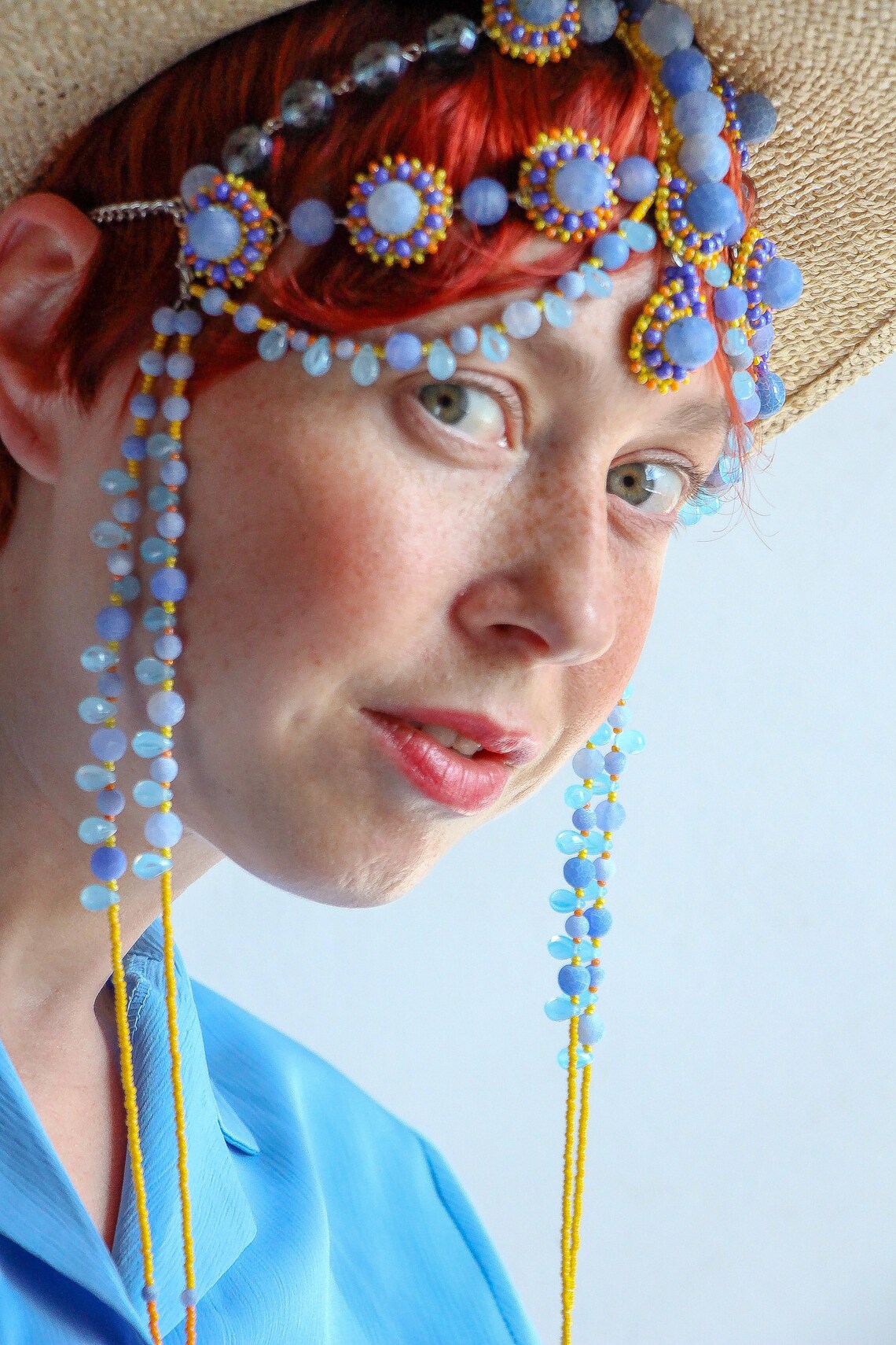 Blue Yellow Hair Jewelry Forehead Headpiece Made of Agate - Etsy