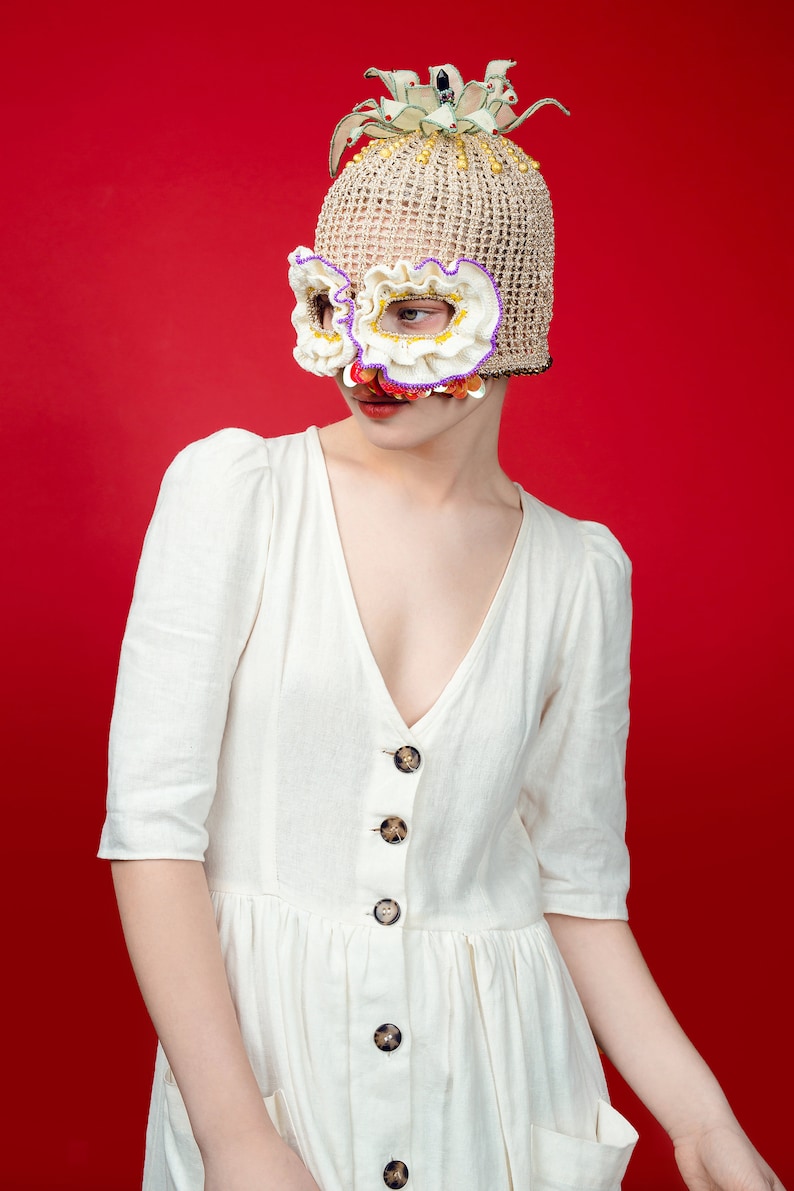 Hand Crochet Hat Mask With Ruffle Eye Ethically Sustainable - Etsy