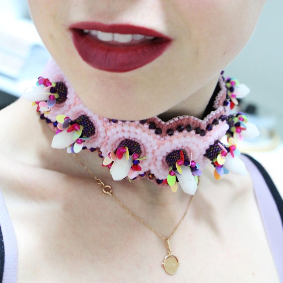 Big Spikes Jade Crystal Quartz Pink Beaded Choker Necklace - Etsy