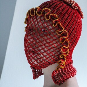 Red Lace Hood Crochet Balaclava Mask Full Face Covering Net Bead ...