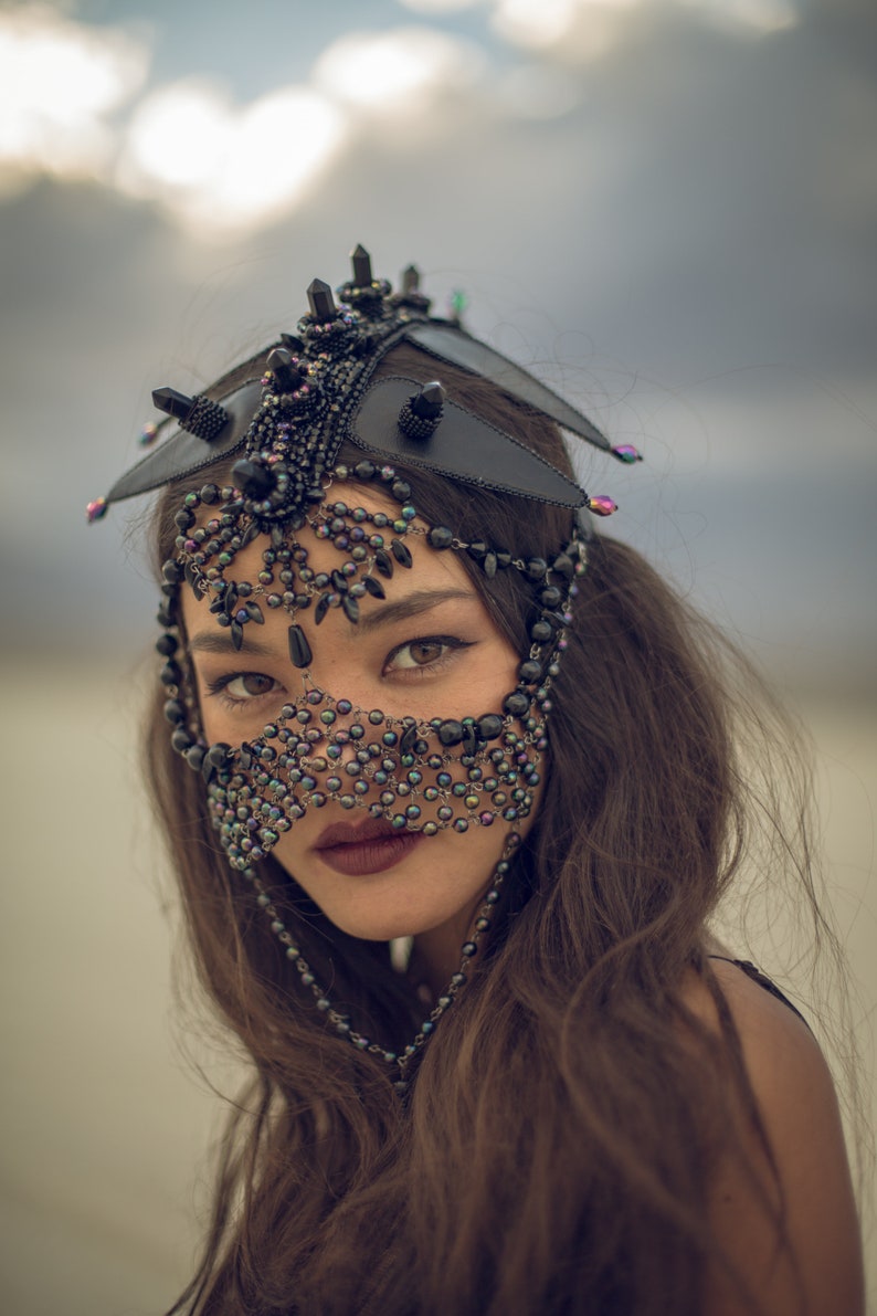 White Face Chain Beaded Headpiece Mask - Etsy