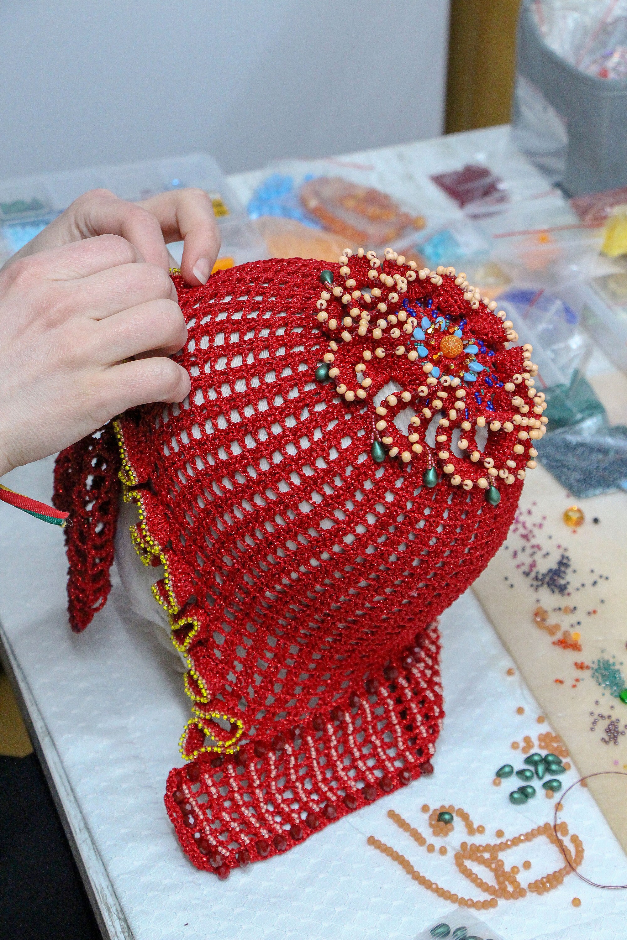 Red Lace Hood Full Face Balaclava Covering Crochet Mask, Costume Haute ...