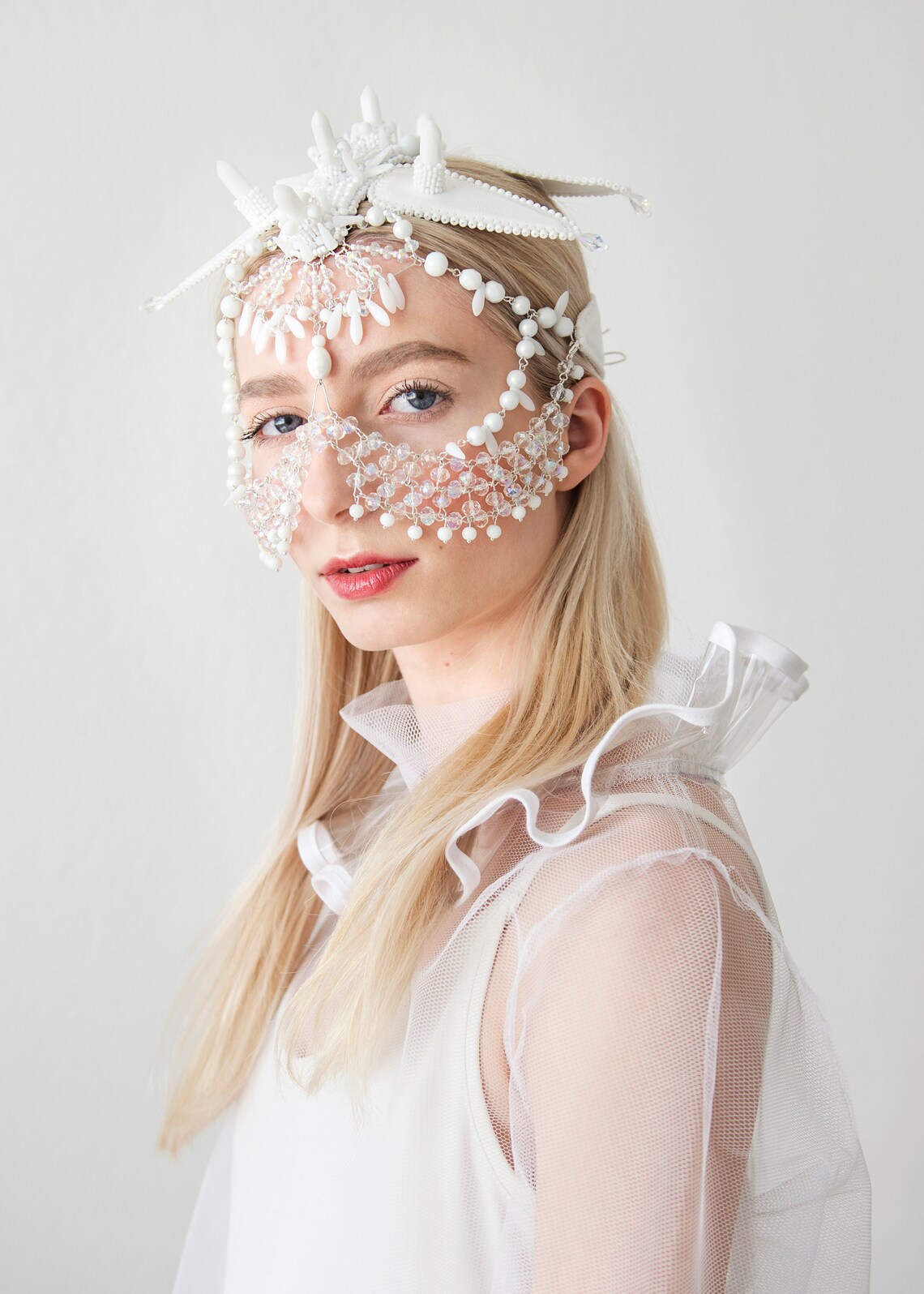 White Face Chain Beaded Headpiece Mask | Etsy