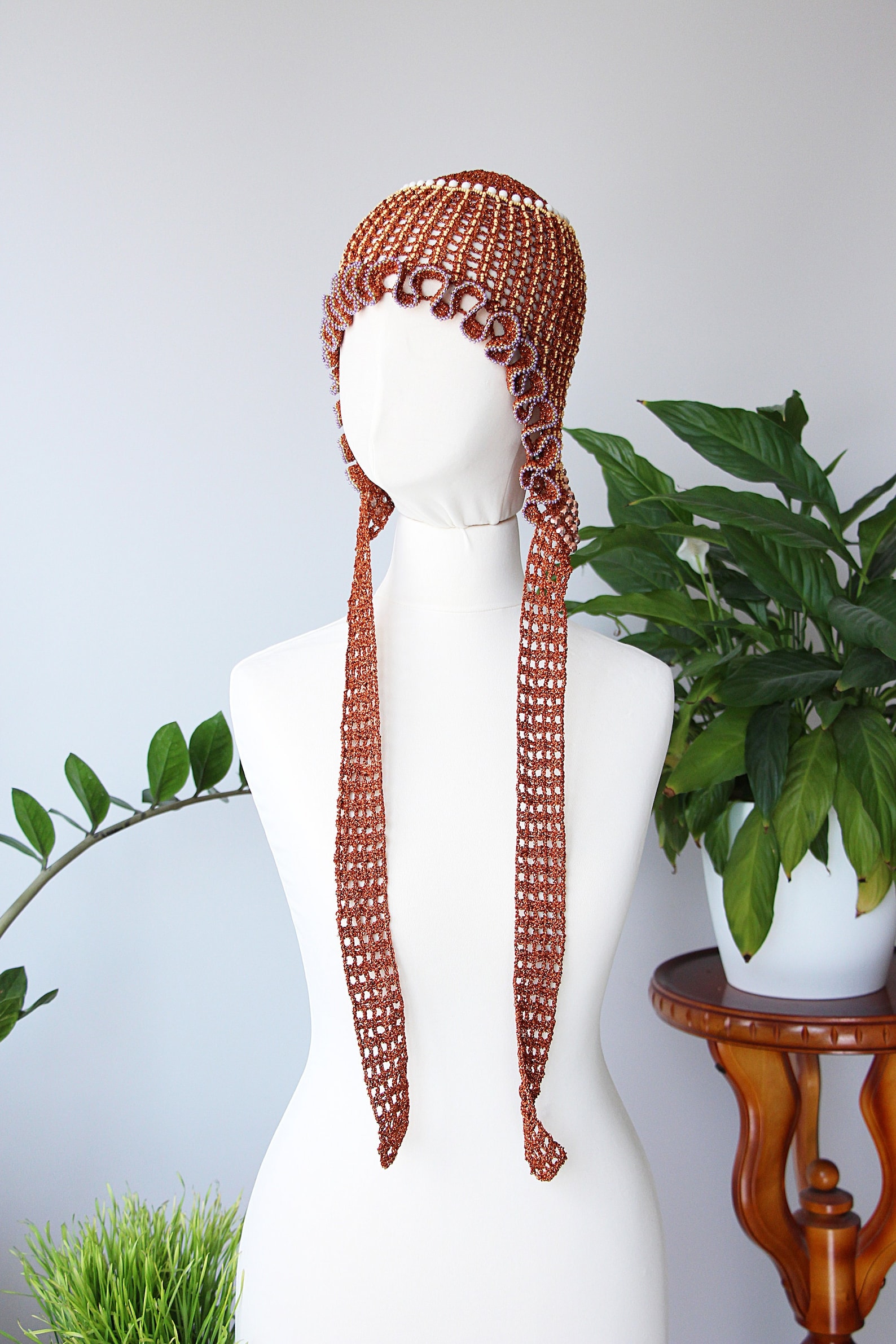 Summer Beaded Head Covering Scarf Hat With Long Ties and - Etsy