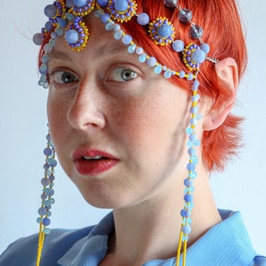 Blue Yellow Hair Jewelry Forehead Headpiece Made of Agate Rounds Beads ...