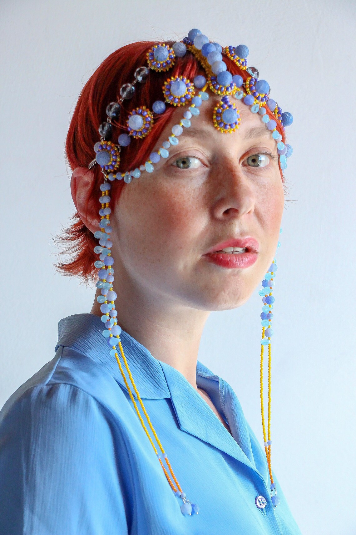 Blue Yellow Hair Jewelry Forehead Headpiece Made of Agate - Etsy