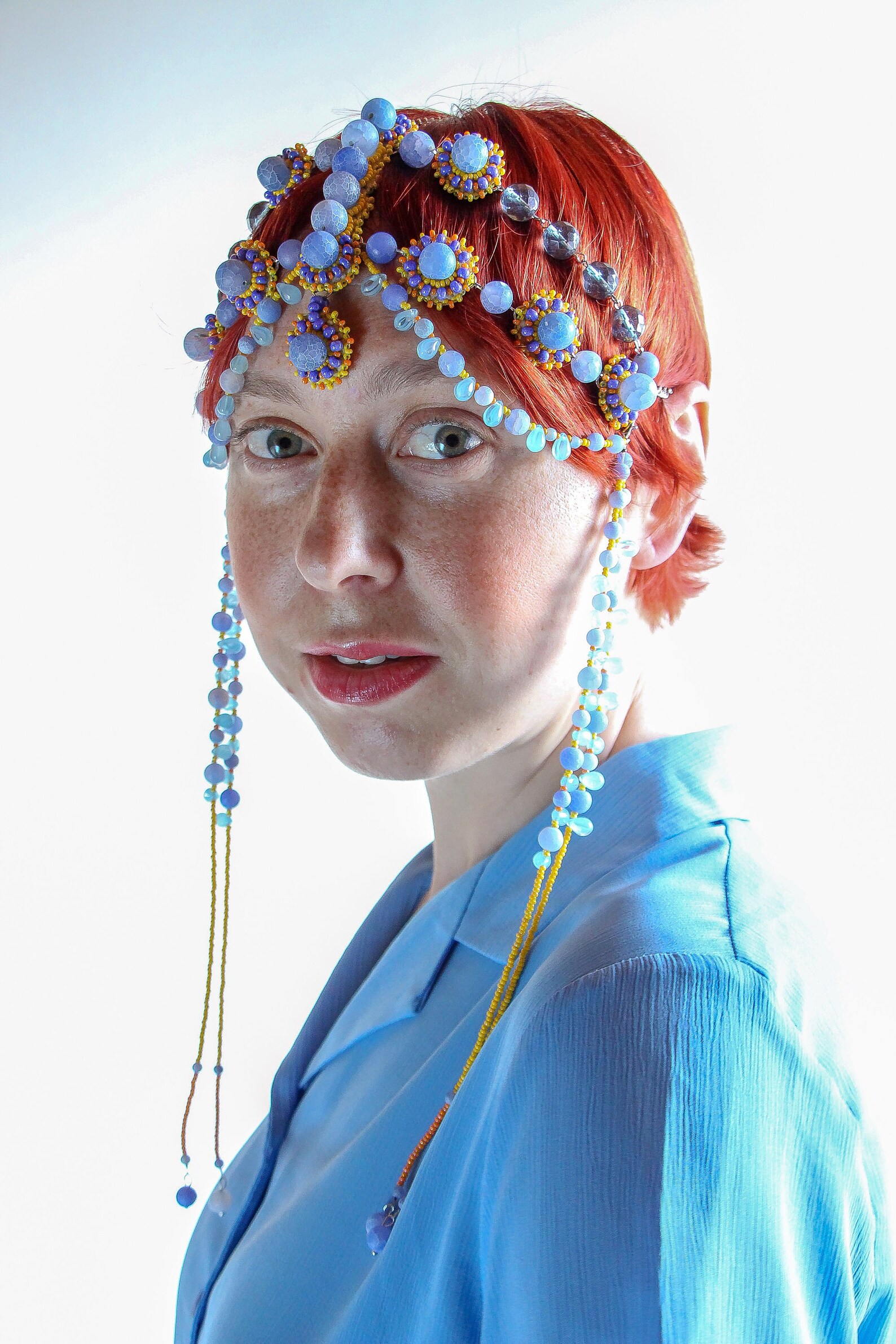Blue Yellow Hair Jewelry Forehead Headpiece Made of Agate - Etsy