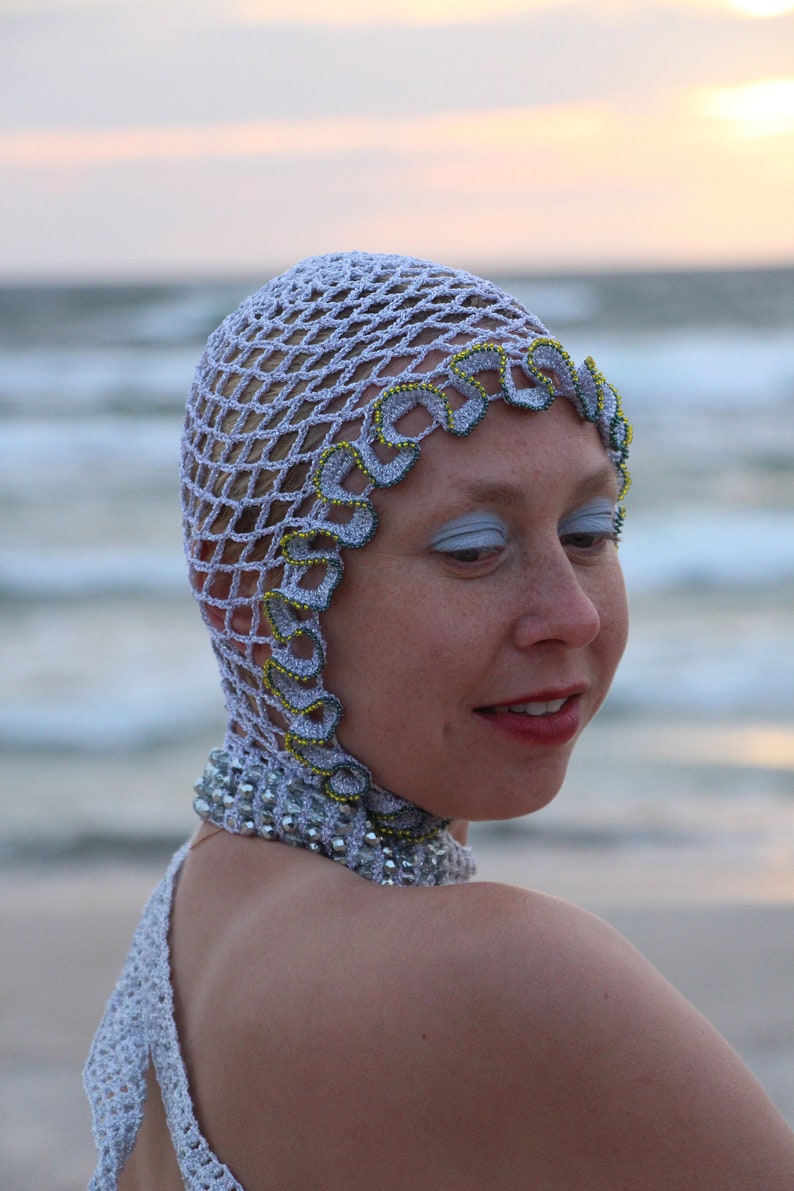 Silver Crochet Hair Snood Hat With Ruffle Forehead and Long - Etsy