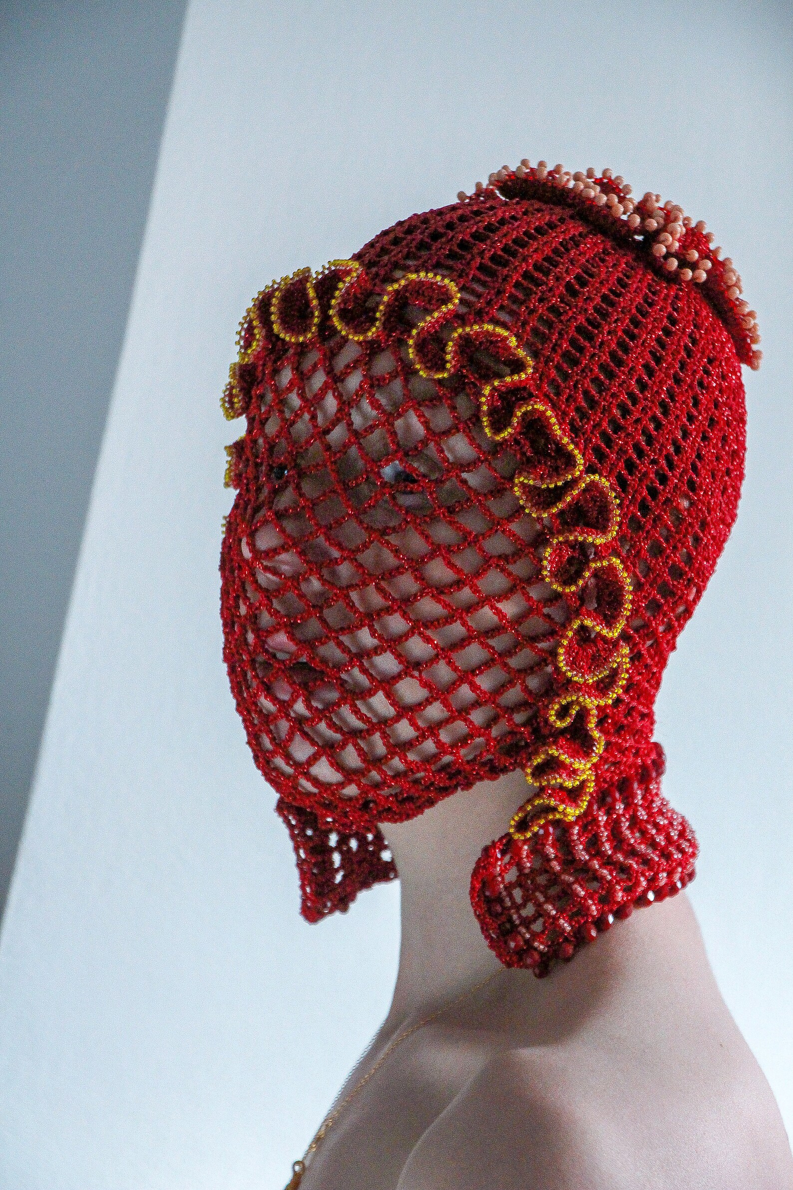 Red Lace Hood Crochet Balaclava Mask Full Face Covering Net Bead ...