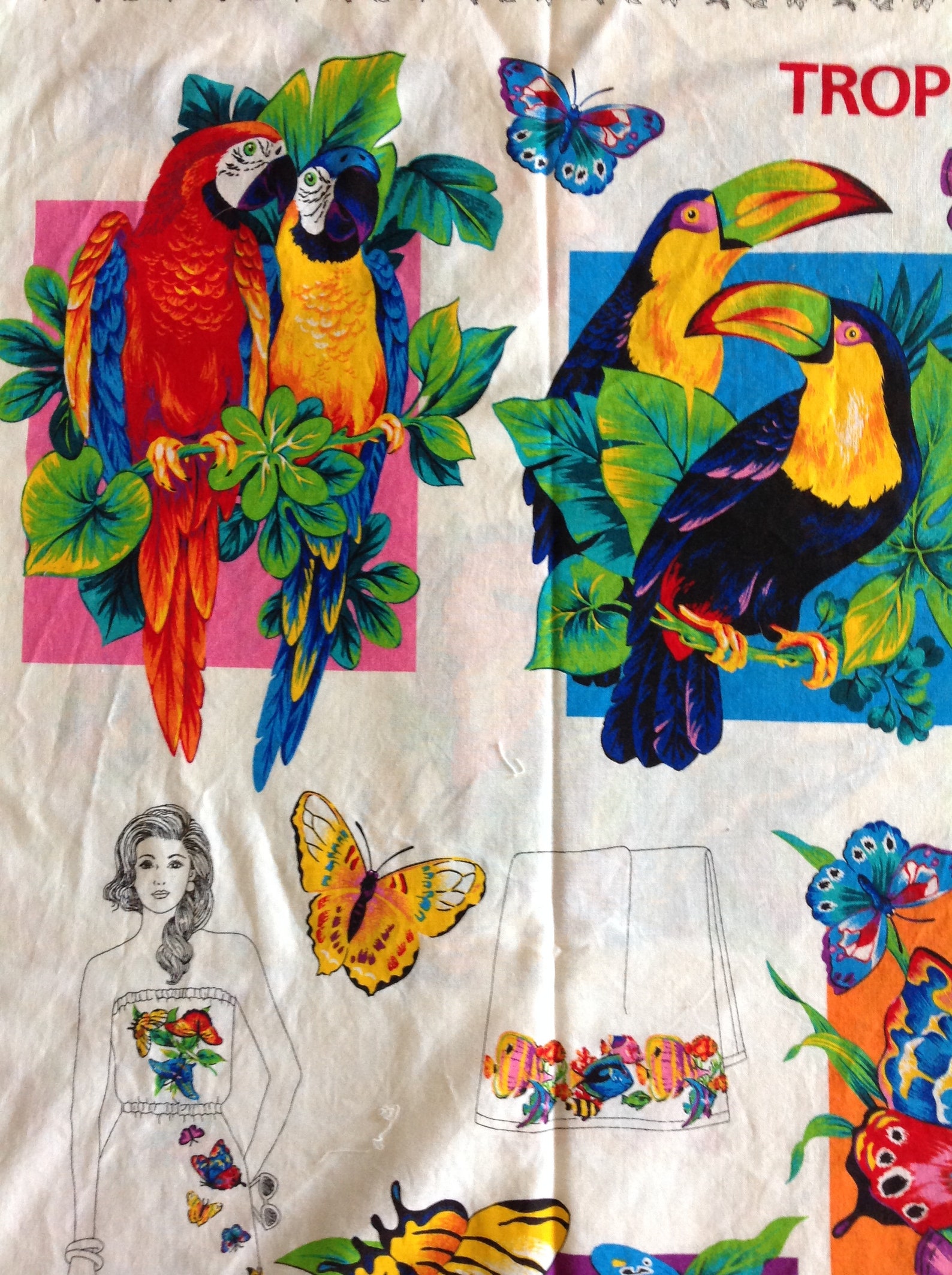 TROPICAL ISLAND APPLIQUES 2 Fabric Panels Brilliantly Colored ...