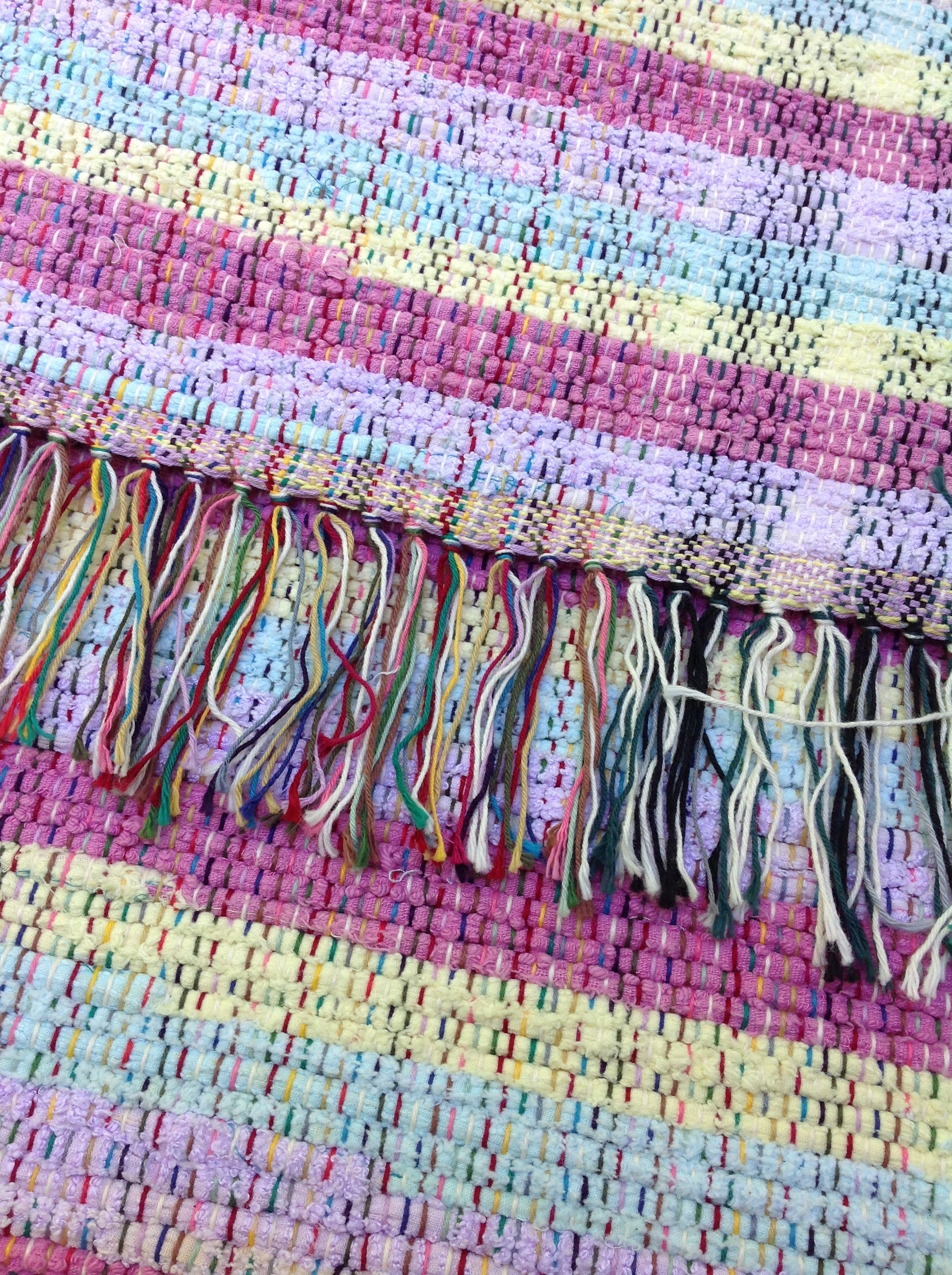 Yellow Lavendar Rose Baby Blue Rag Rug 64x26 Hand Woven Repurposed Bed ...