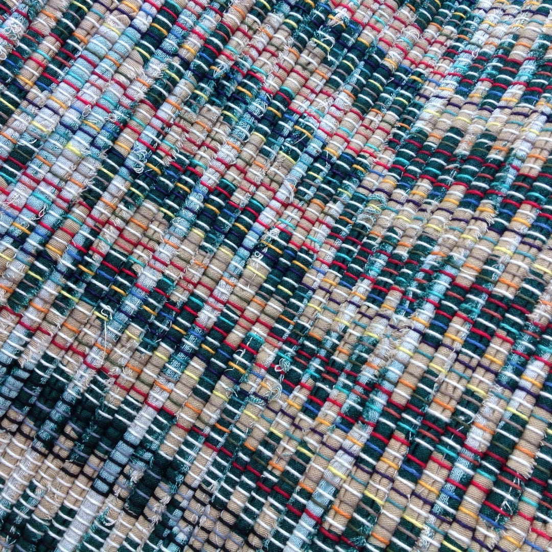 Green and Tan Rag Rug 38" X 26" Hand Woven Light and Dark Green Tan ...