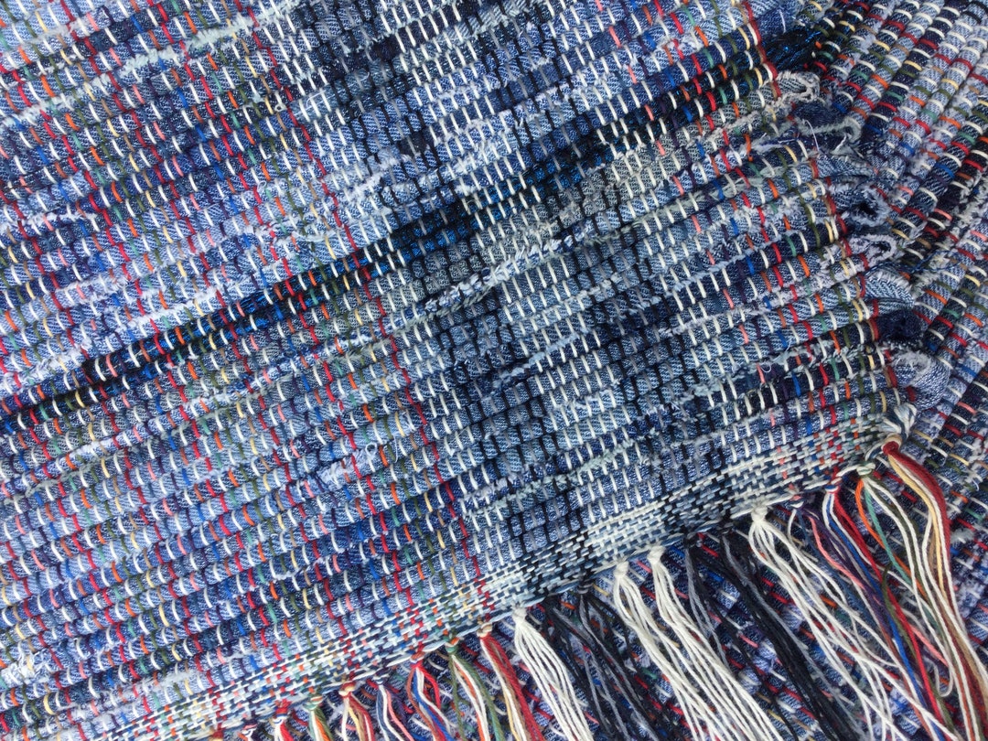 Denim Rag Rug 51x26 Handwoven Blue Denim Black/blue Accents Rustic ...