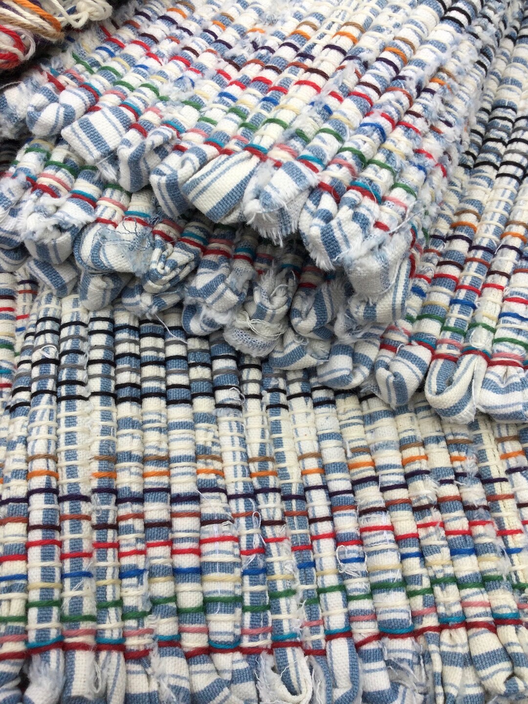 White Blue Rag Rug 56x26 Hand Woven Upcycled Mattress Ticking Rustic ...