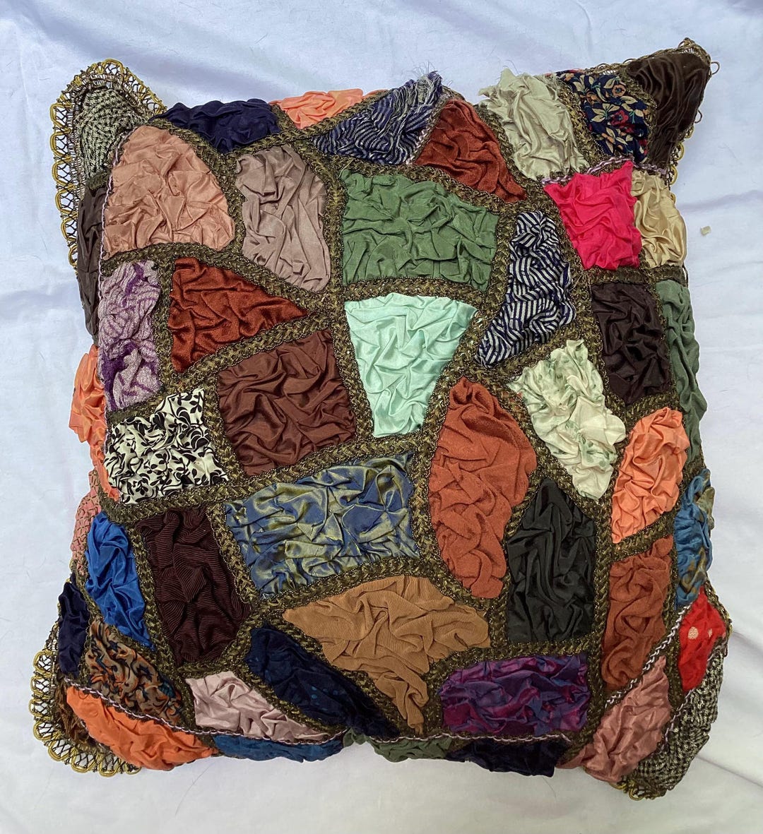 Vintage CRAZY QUILT Pillow FRAGILE Approximately 16”x16” Home Decor ...