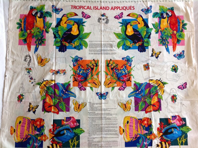 TROPICAL ISLAND APPLIQUES 2 Fabric Panels Brilliantly Colored ...
