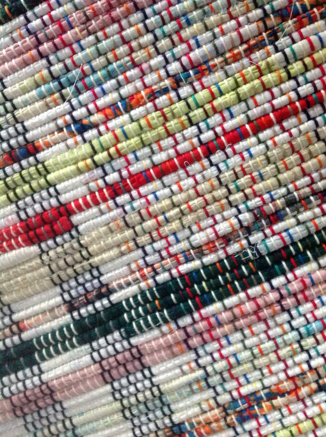 Rag Rug 49"x26" Handwoven White Greens Red Orange Blue Rustic Cabin ...