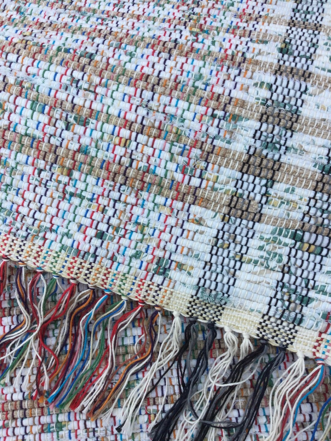 White Tan Green Rag Rug 50"x26" Hand Woven Repurposed Sheets Rustic ...