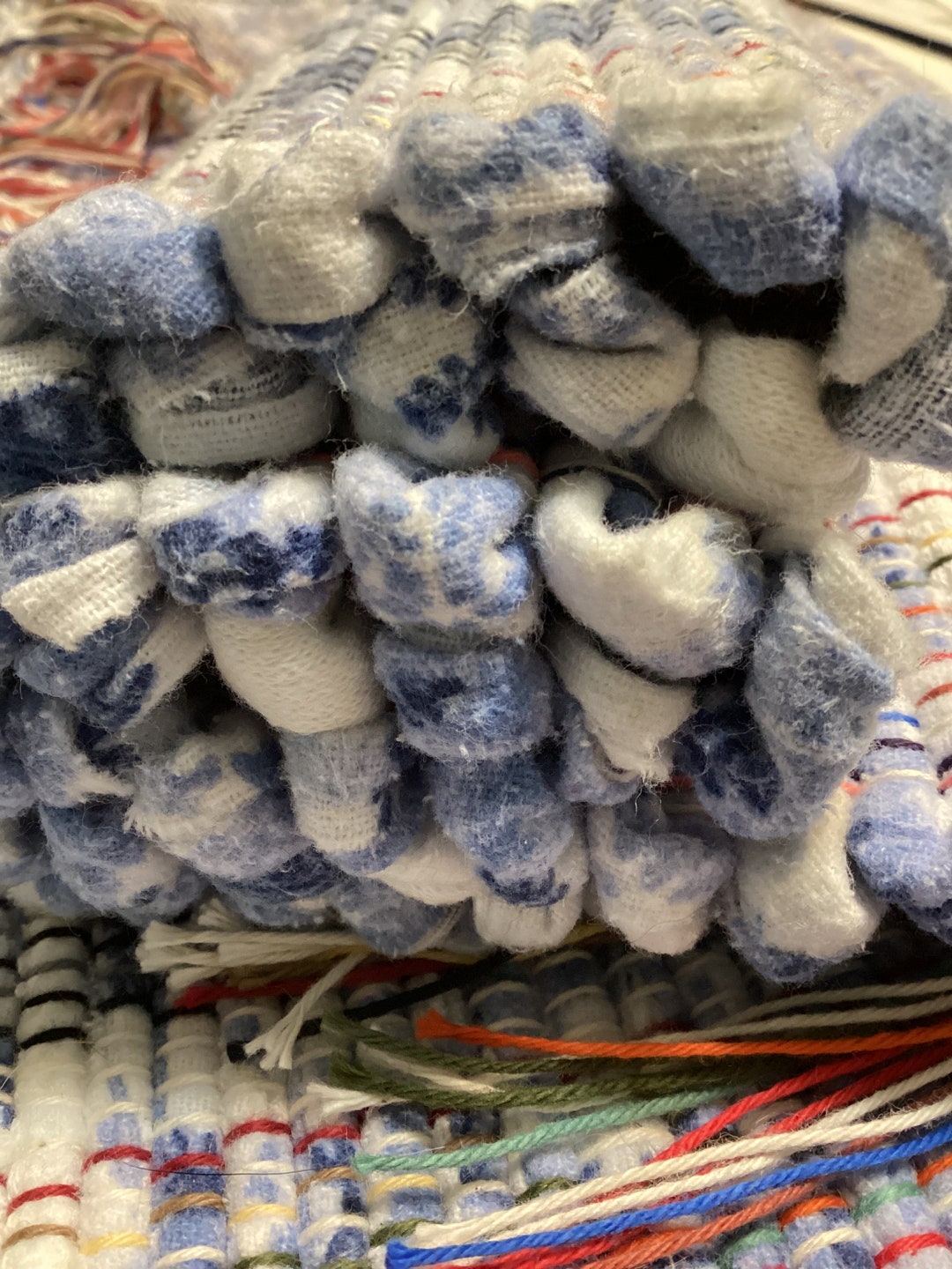 Handwoven Flannel Rag Rug 40”x26” Shades of Blue White Rustic Cabin ...