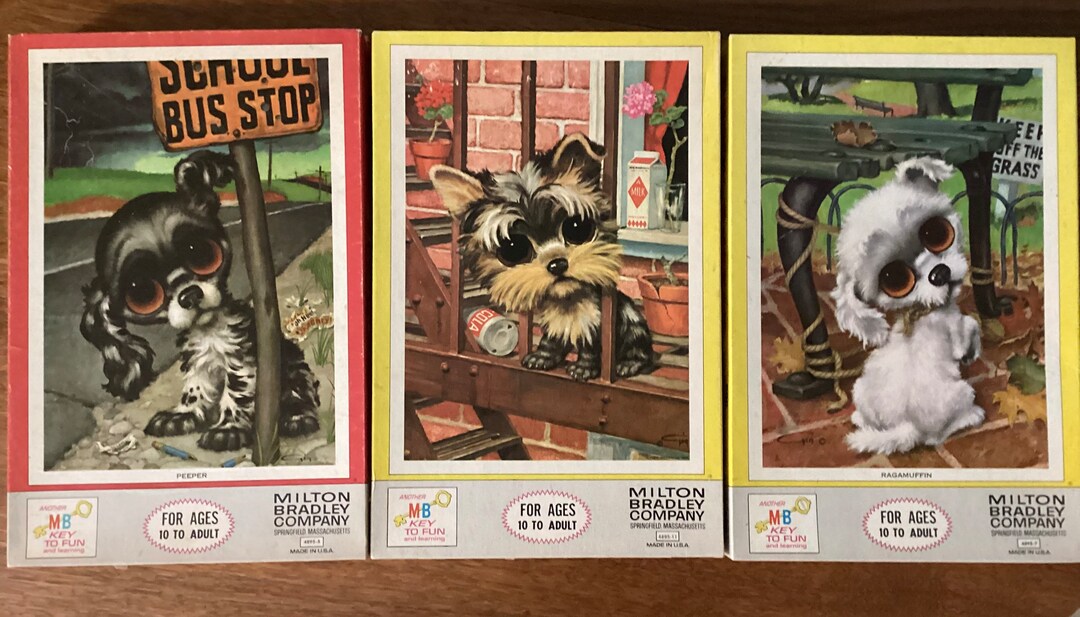 3 Vintage Puzzles 1968 PITY PUPPIES Sad Eyed Puppies Milton Bradley Co ...