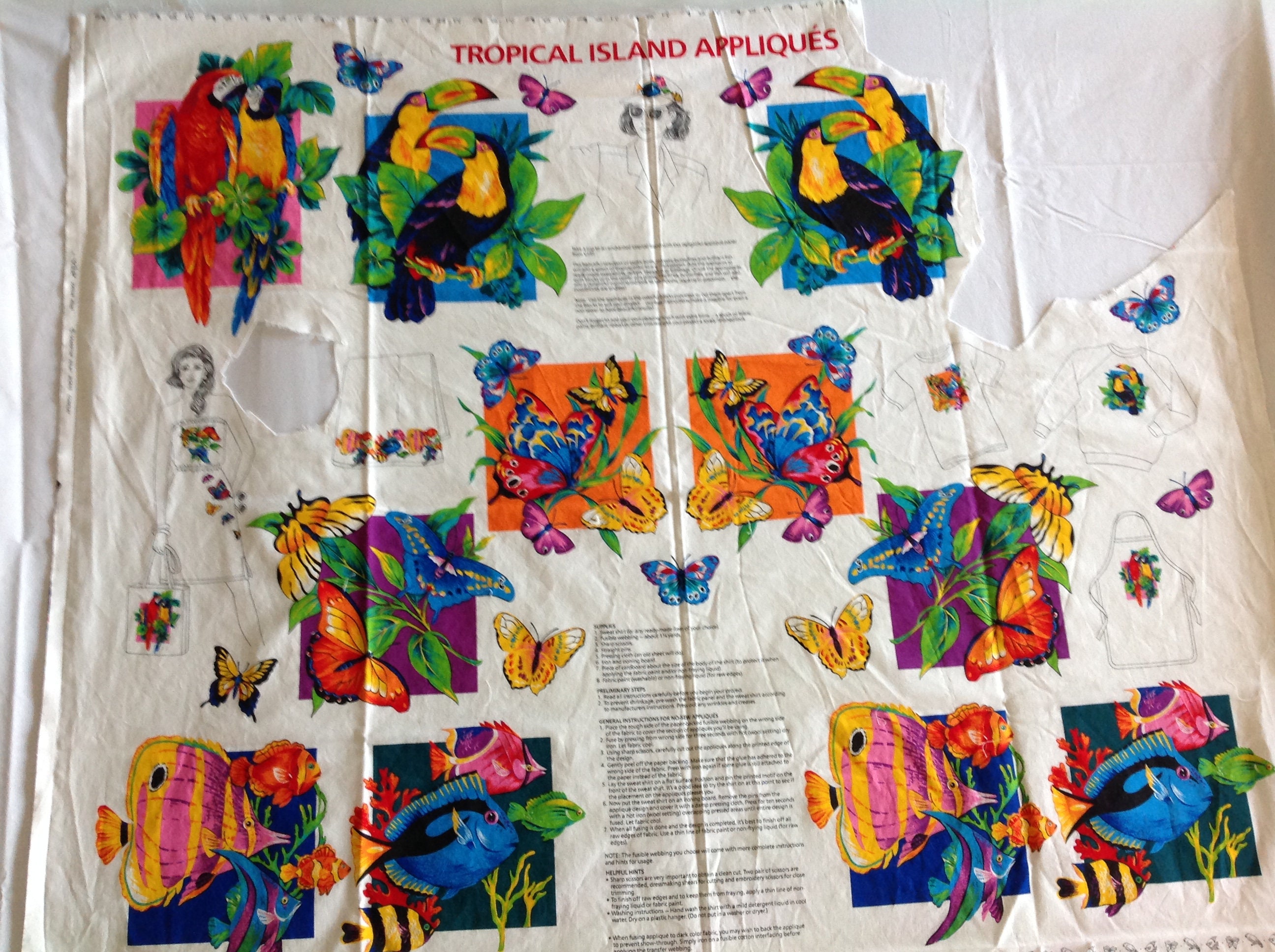 TROPICAL ISLAND APPLIQUES 2 Fabric Panels Brilliantly Colored ...