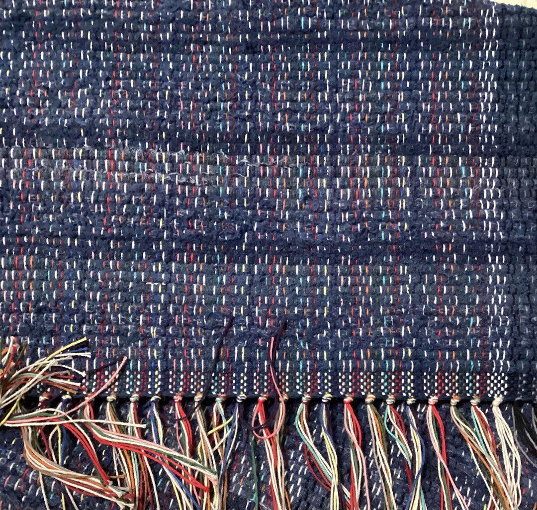 Dark Blue Rag Rug 43”x26" Handwoven Repurpose Bedspread Rustic Cabin ...