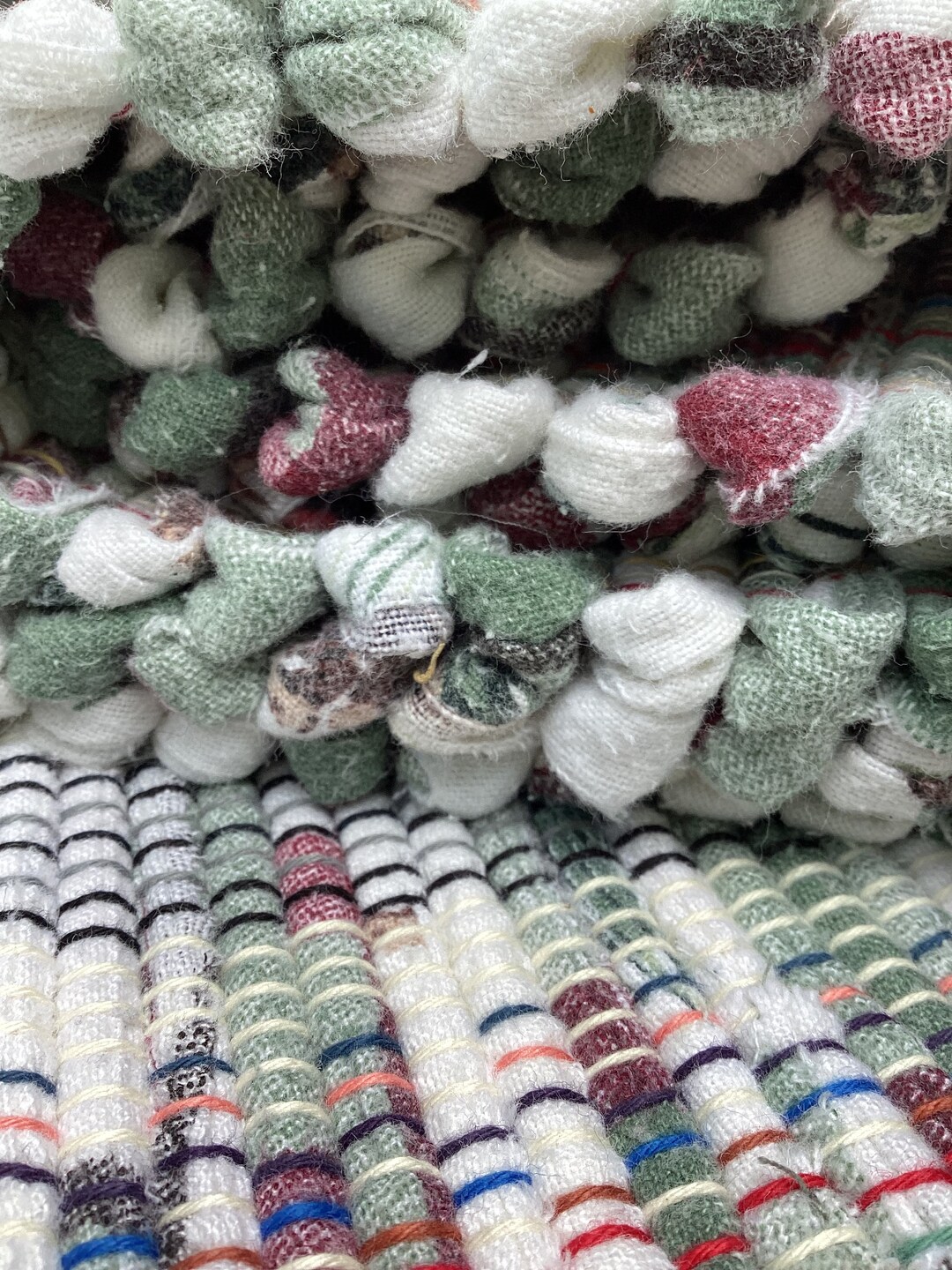 Flannel Rag Rug 57”x26" Handwoven Greens White Maroon Yellow Rustic ...