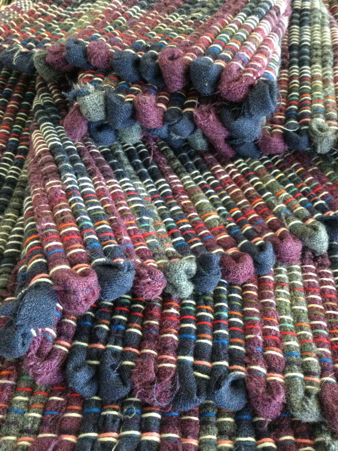 Wool Rag Rug 59”x26" Hand Woven Navy Plum Charcoal Rustic Cabin Cottage ...