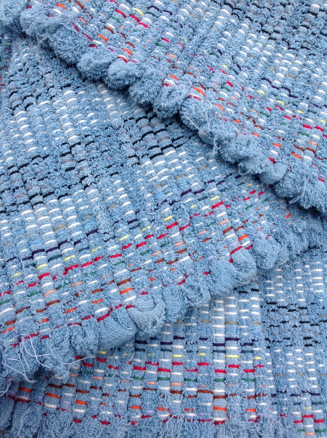 Cornflower Blue Rag Rug 63x26 Hand Woven Repurposed Bed Spread Rustic ...