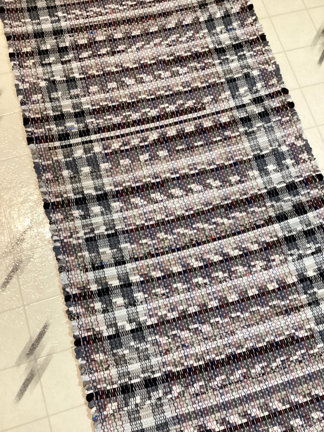 Runner Rag Rug 88”x26" Hand Woven Grays Black White Greige Grey Rustic ...