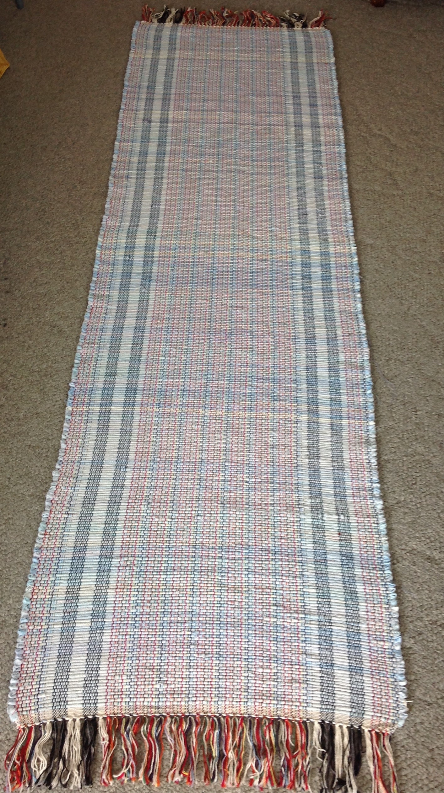 Light Blues Runner Rag Rug 85" X 26" Hand Woven Rustic Cabin Country ...