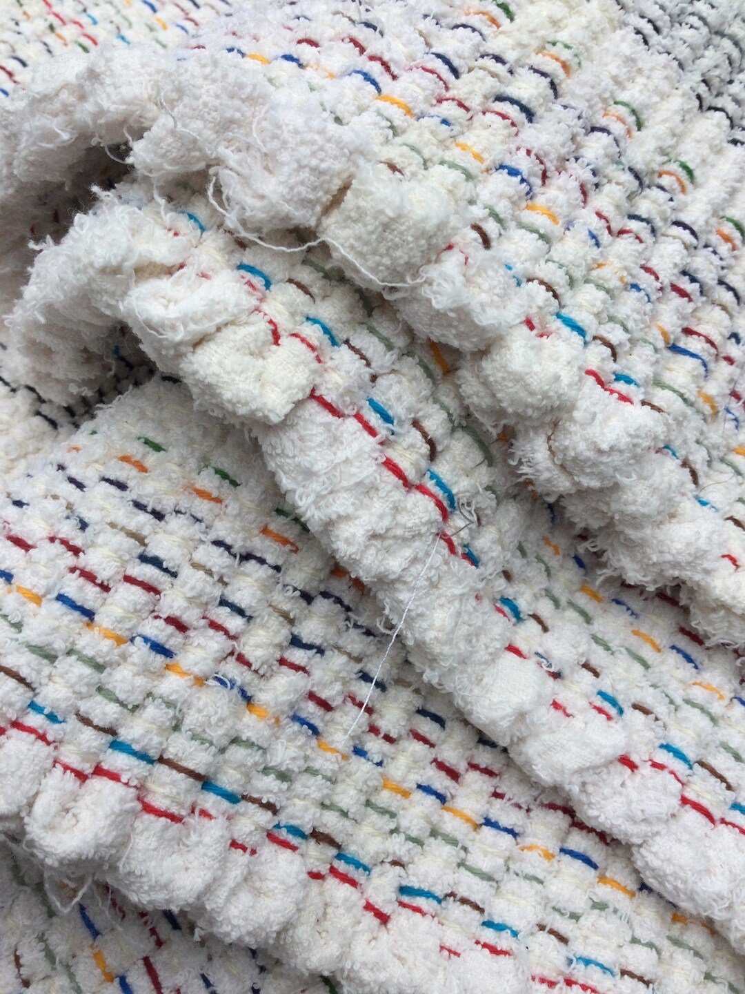 White Rag Rug 51”x26" Hand Woven Repurposed Bedspread Rustic Cabin ...