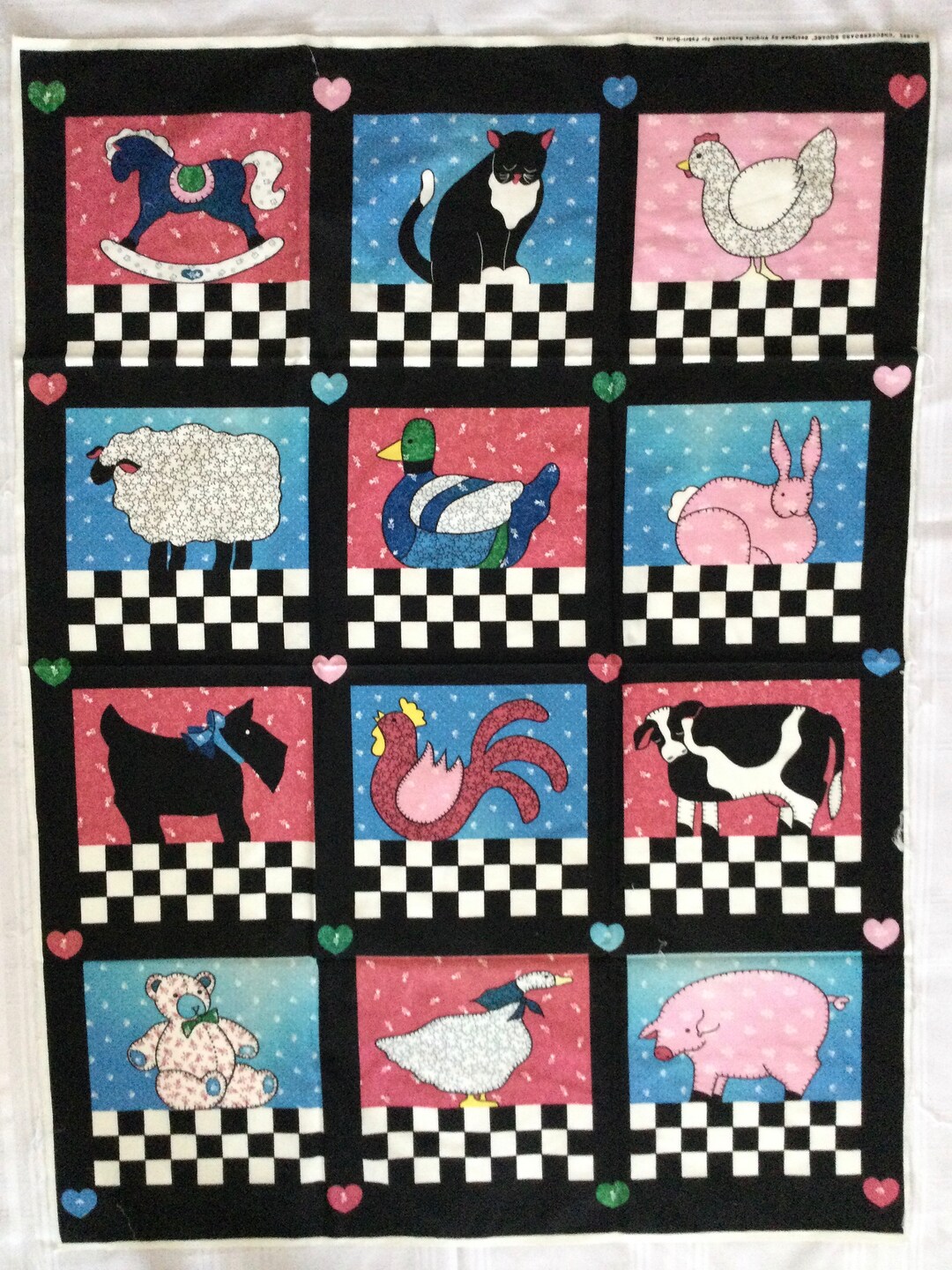 Vintage Quilt Fabric Panel Animals 1992 CHECKERBOARD SQUARE Fabri-quilt ...