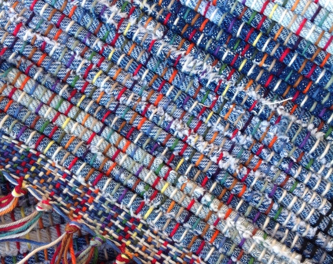 Denim Rag Rug 25 X 26 Handwoven Rug Re-purposed - Etsy